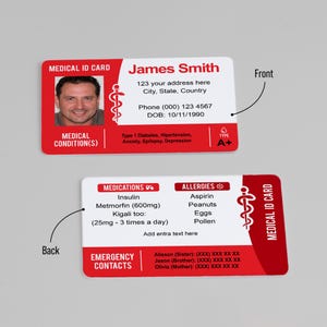 Personalized Medical Alert ID Card, Custom Emergency Contact & Photo ...