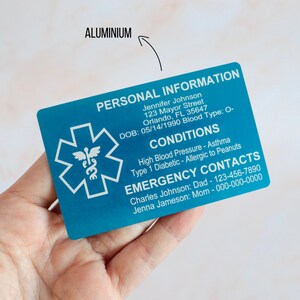 Medical Card ID for Wallet, Aluminum Custom Engraved Emergency Contact ...