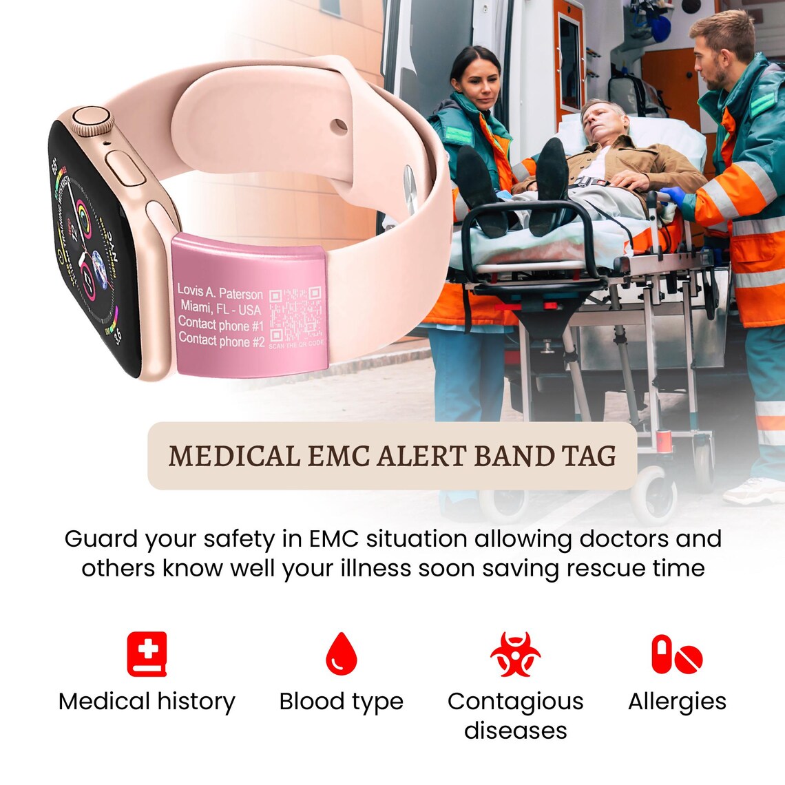 Custom Alert Smart QR Code ID Tag for Watch Band, Engraved Apple Watch ...