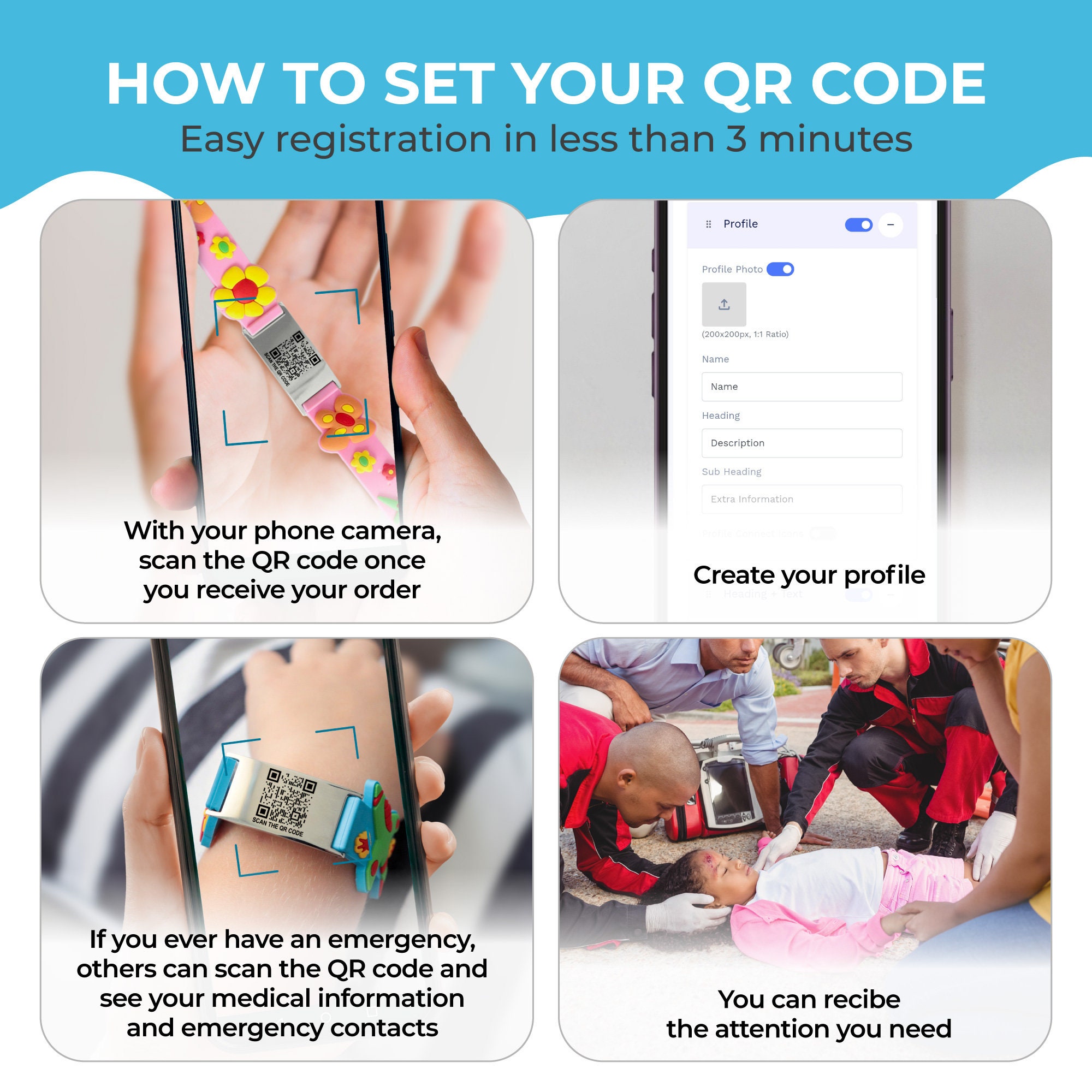 Smart QR Code Kids Emergency Bracelet, Personalized Scannable Medical ...
