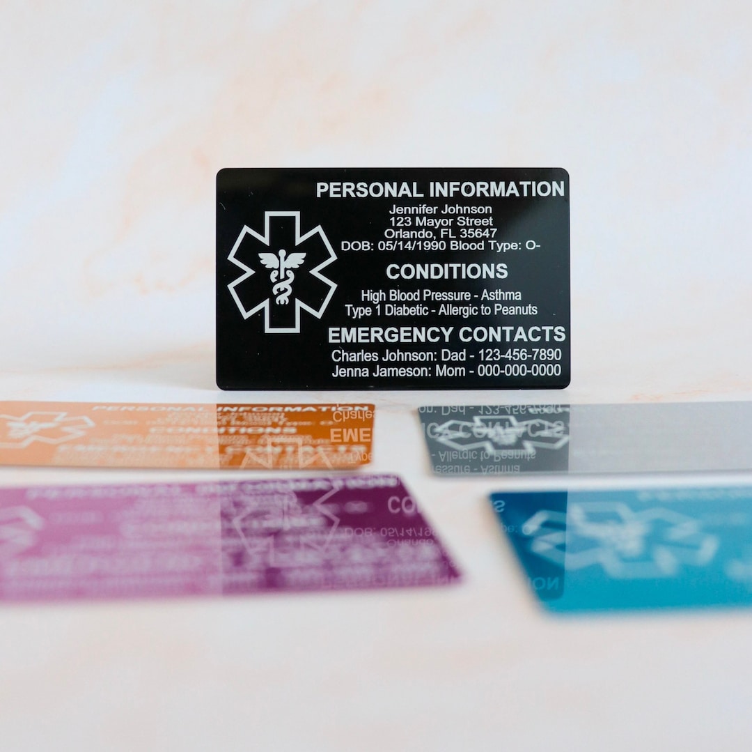 Medical Card ID for Wallet, Aluminum Custom Engraved Emergency Contact ...
