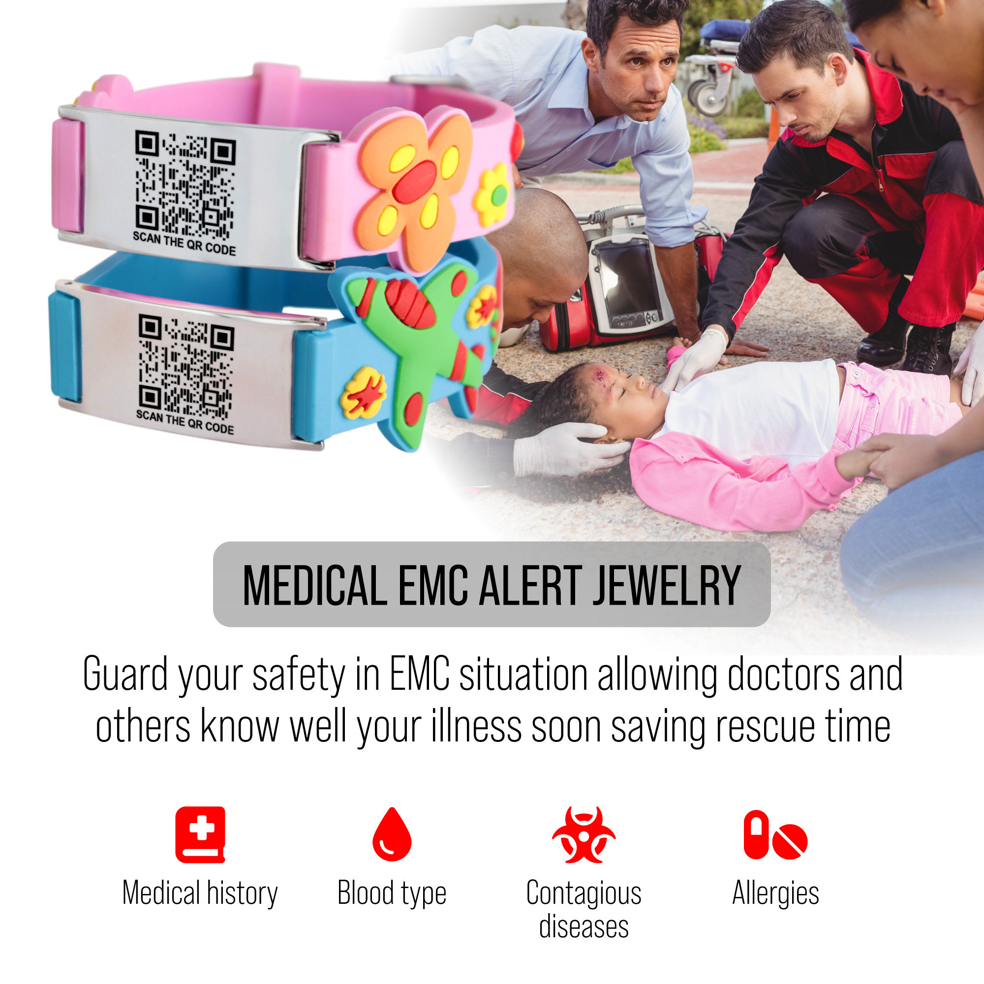 Smart QR Code Kids Emergency Bracelet, Personalized Scannable Medical ...