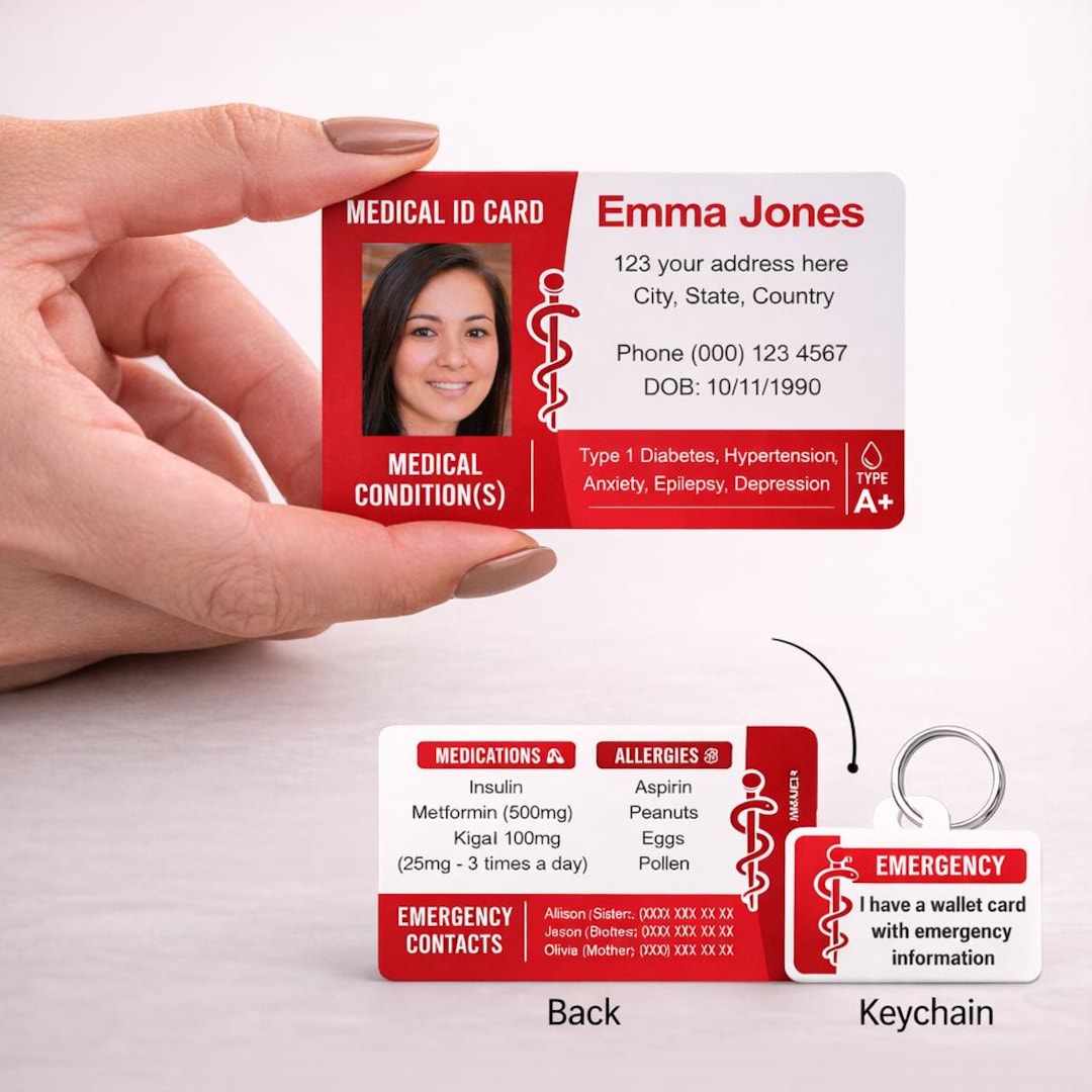 Personalized Medical Alert ID Card, Custom Emergency Contact & Photo ...