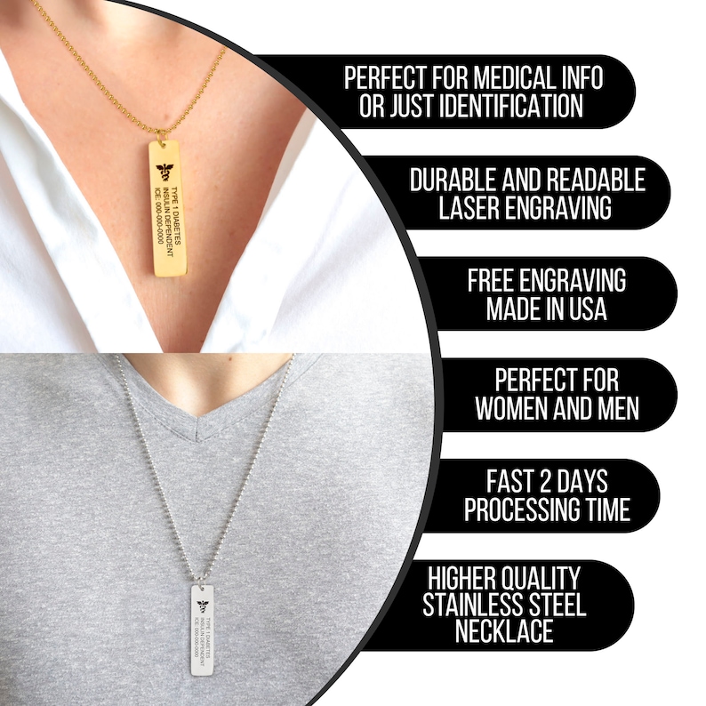 Medical ID Necklace for Men & Women Custom Medical Alert | Etsy