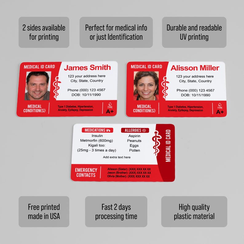 Personalized Medical Alert ID Card, Custom Emergency Contact & Photo ...