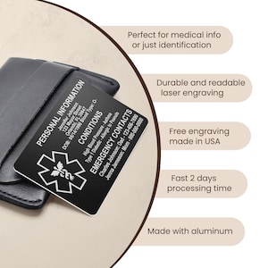 Medical Card ID for Wallet, Aluminum Custom Engraved Emergency Contact ...