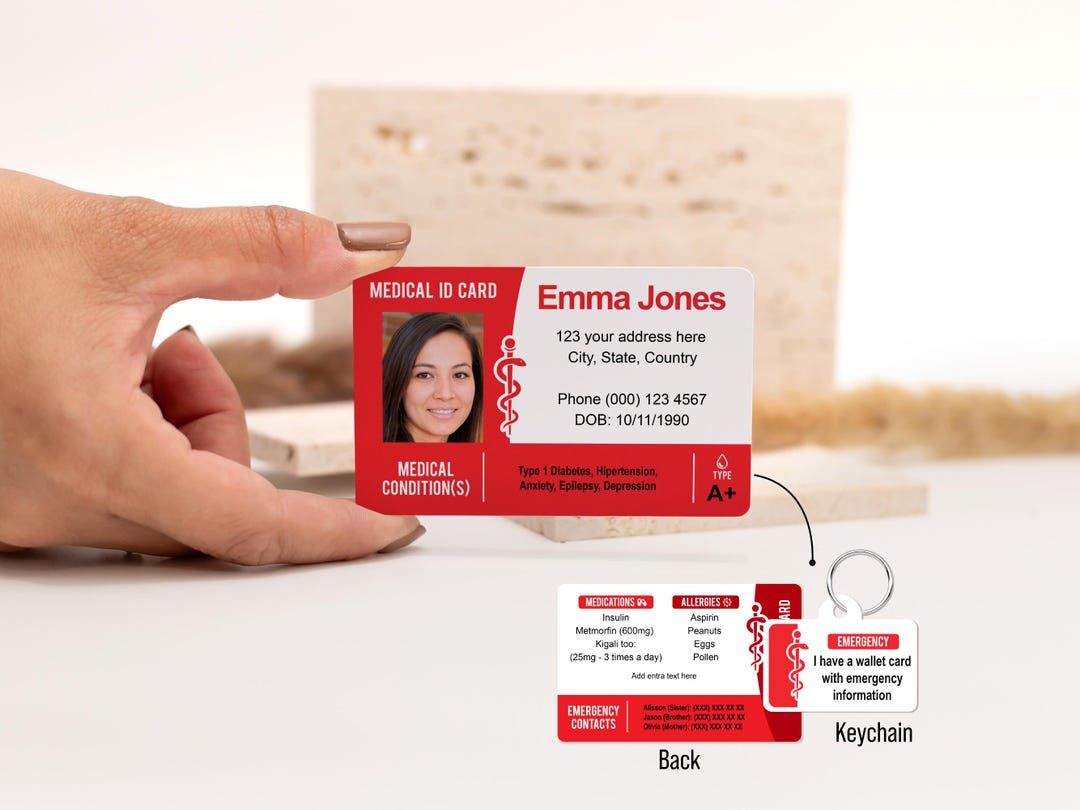 Personalized Medical Alert ID Card, Custom Emergency Contact & Photo ...