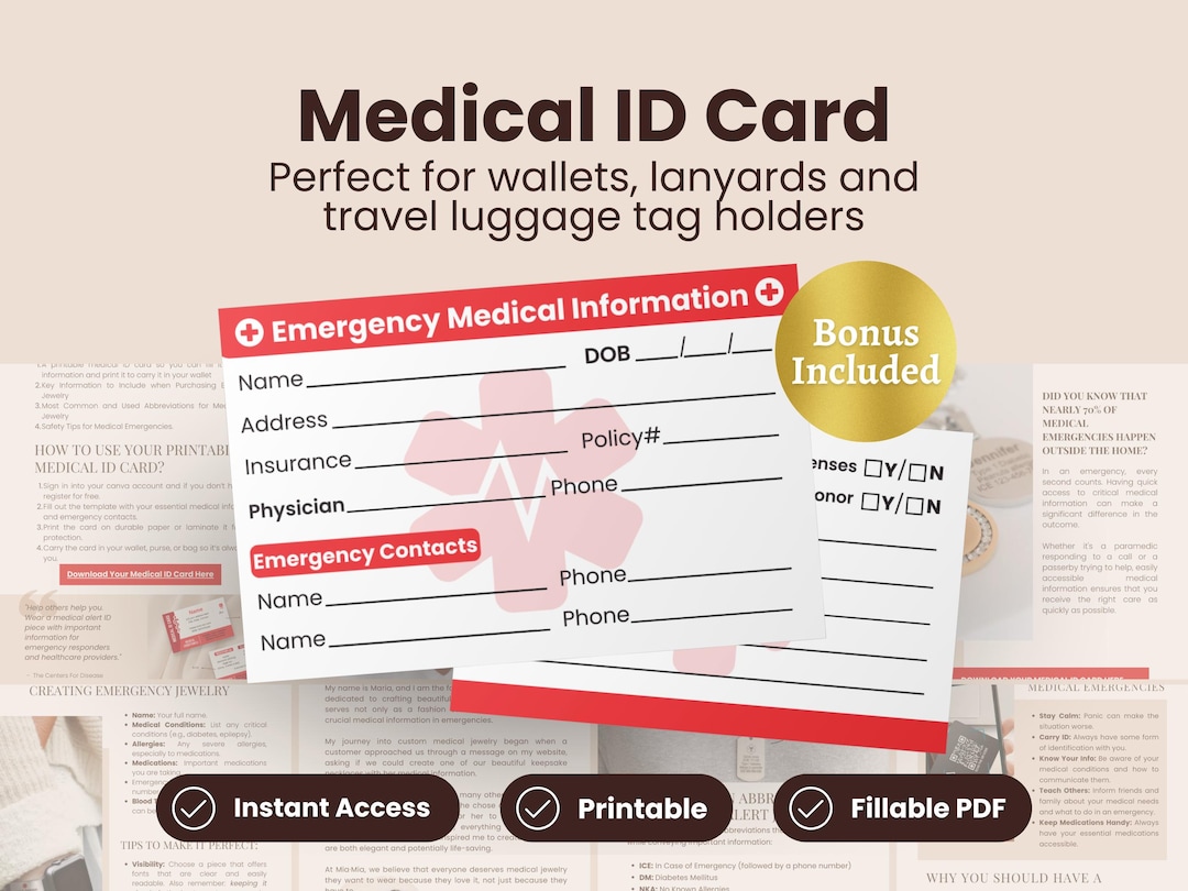 Medical Alert ID Wallet Card, Fillable PDF Medical Conditions ICE Card ...