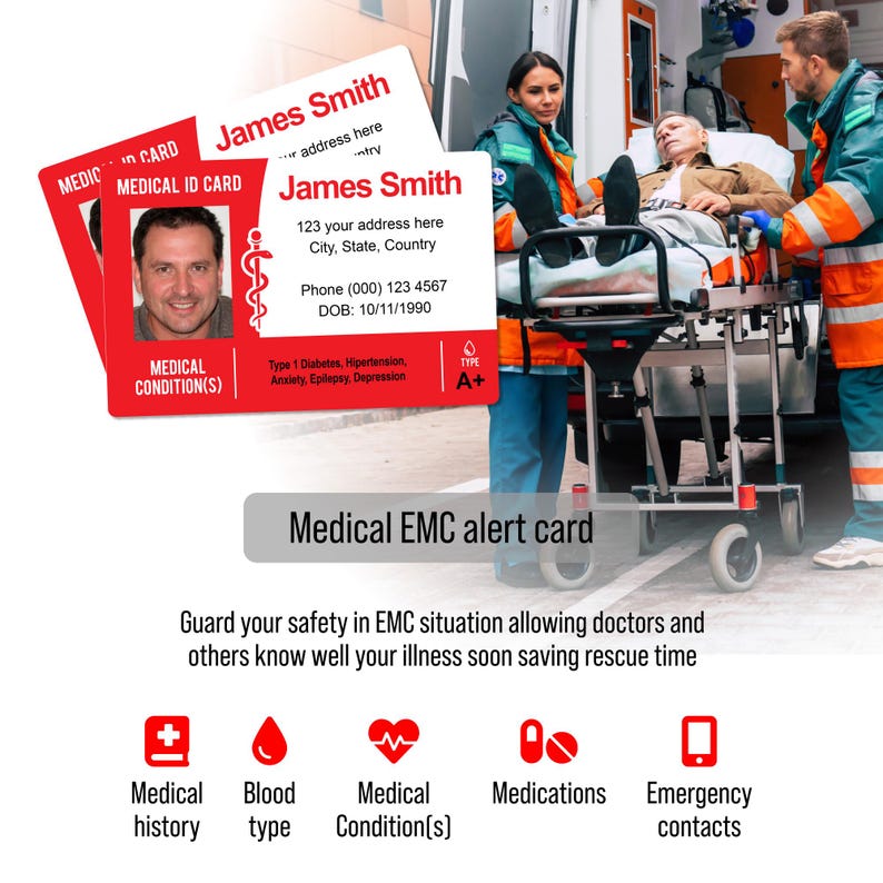 Personalized Medical Alert ID Card, Custom Emergency Contact & Photo ...