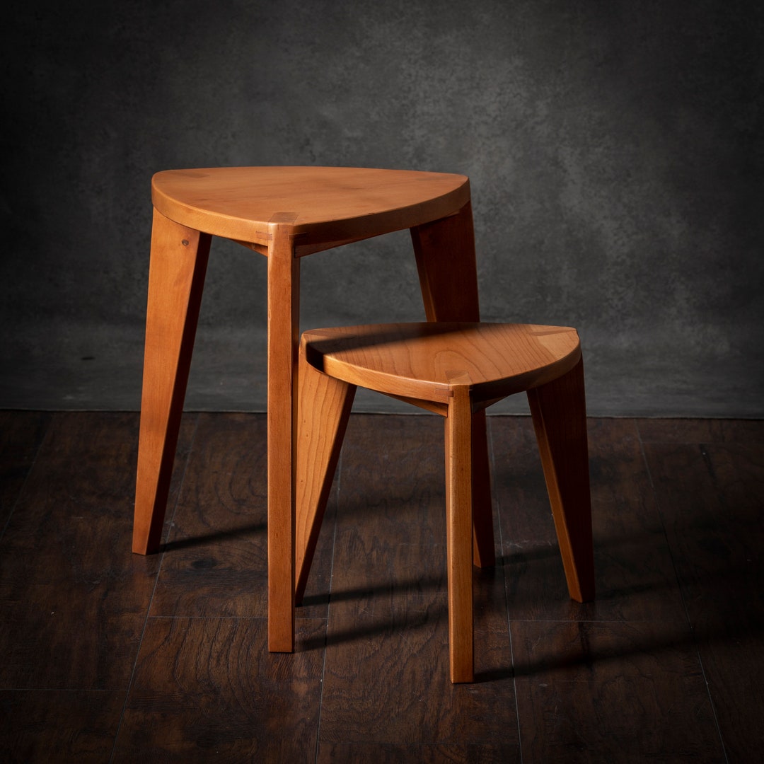 Set of Cherry Three-legged Stool - Two Stools - Side Tables - End Table ...