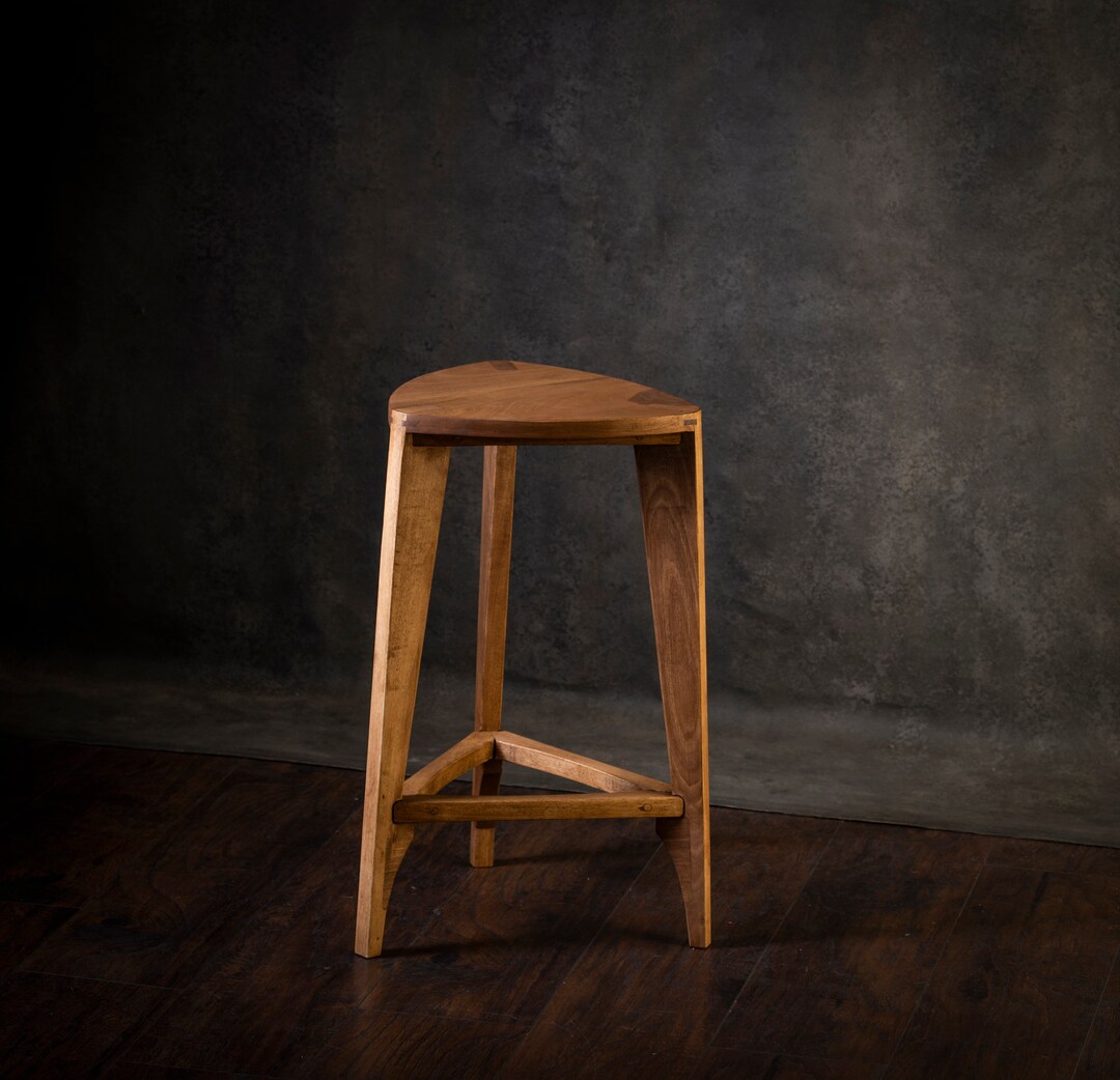 Walnut Wood Bar Stool - Three-legged Stool - Flat Seat - Counter Stool ...