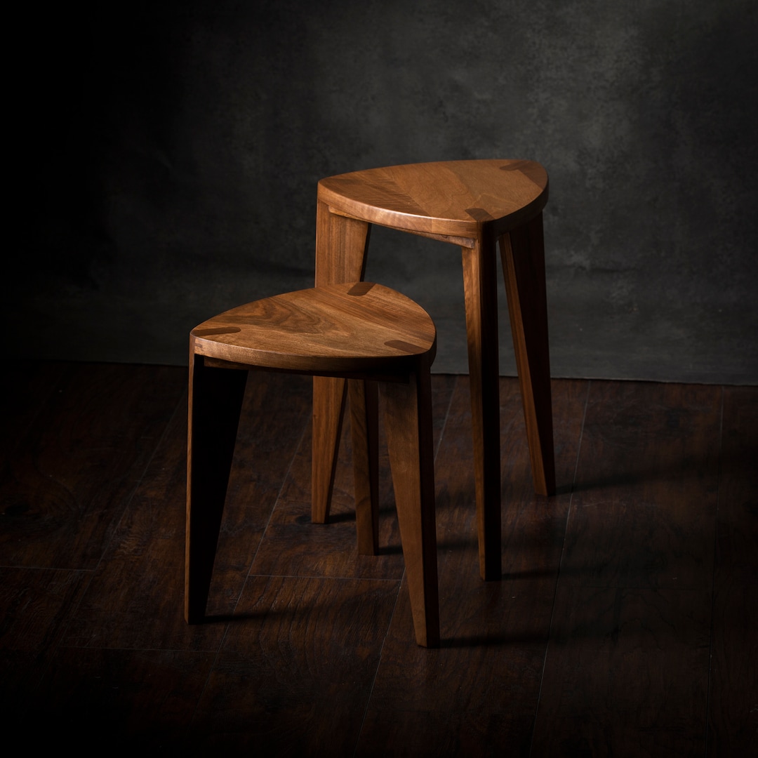 Set of Walnut Three Legged Stool - Two Stools-side Tables - End Table ...