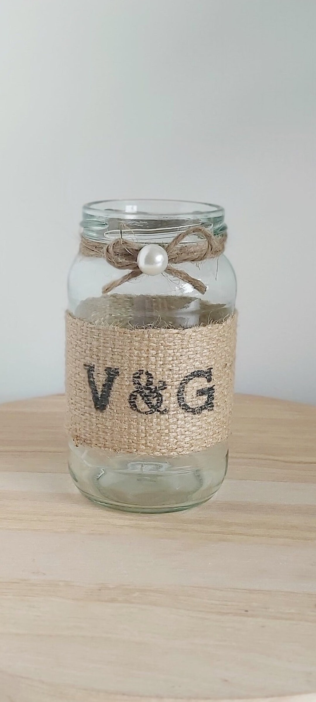 12 Decorated Wedding Jars, Personalised, Hessian and Pearl Effect Vase ...
