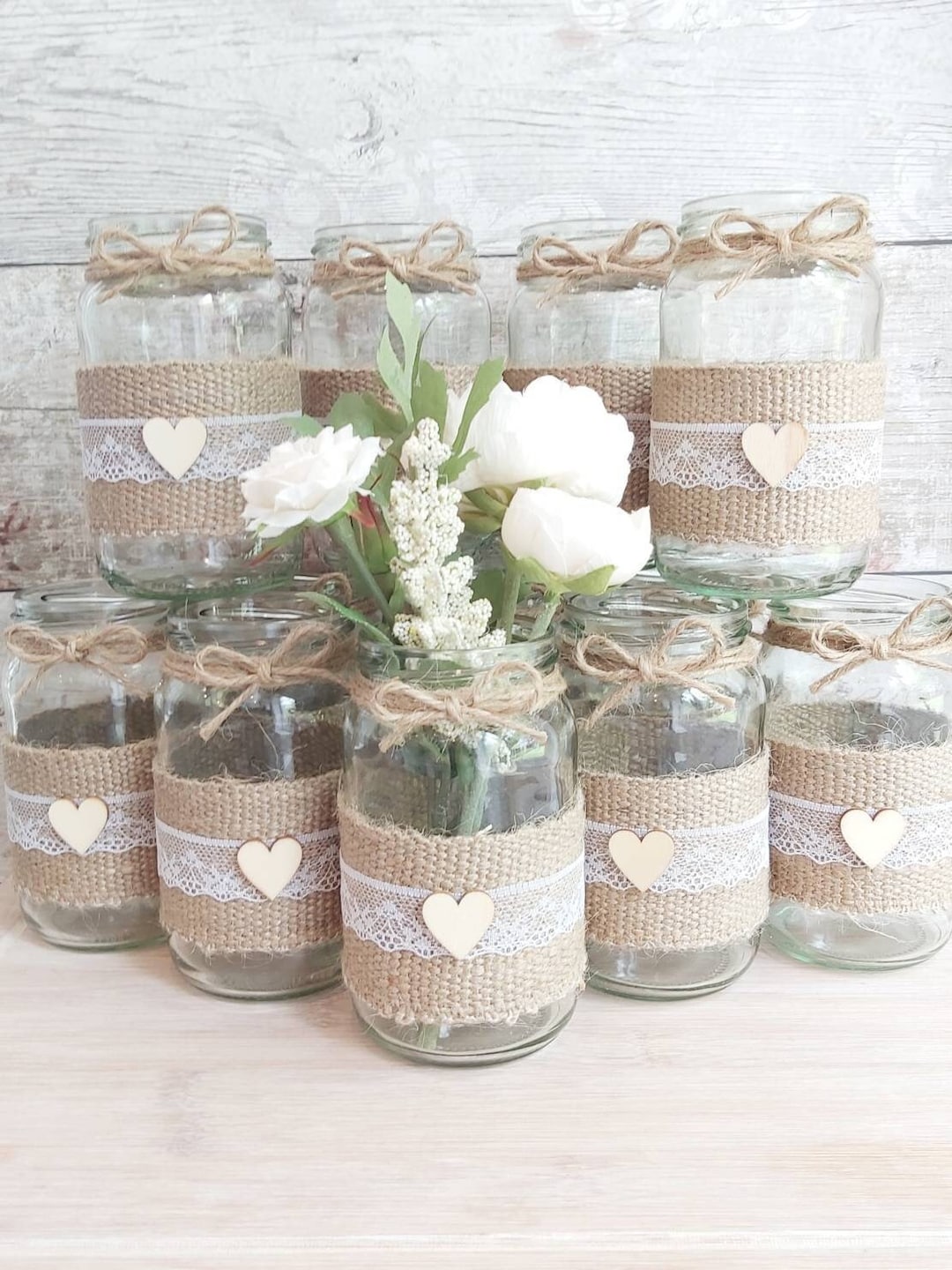 12 Wedding Jars, Decorated Jars, Hessian, Burlap,white Lace, Rustic ...