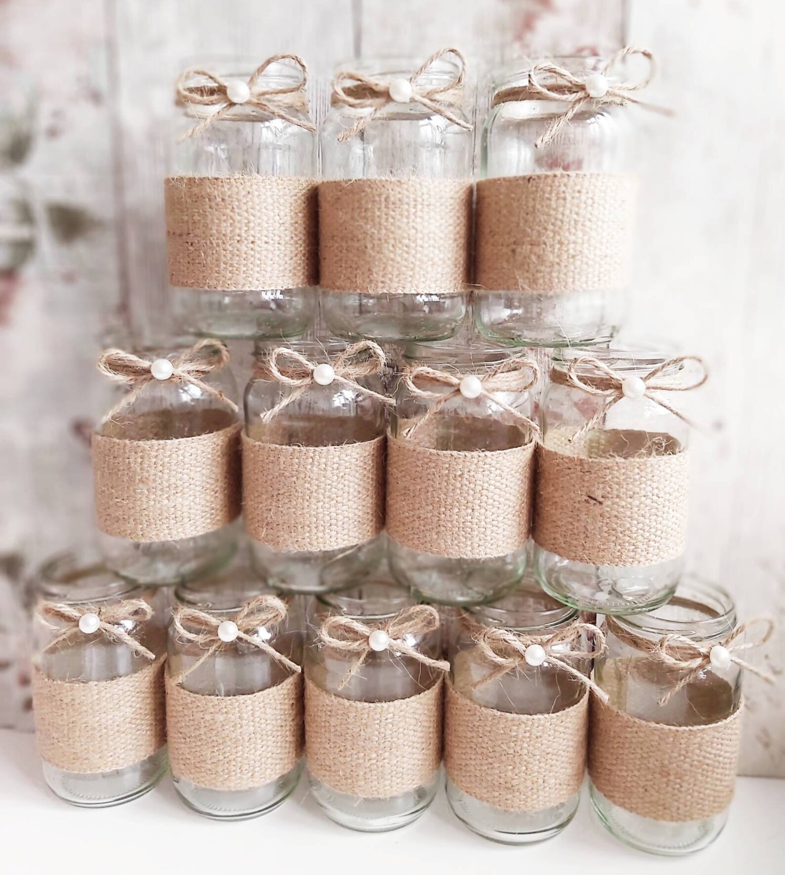 12 Decorated Wedding Jars Hessian and Pearl Vase Tealight Rustic ...