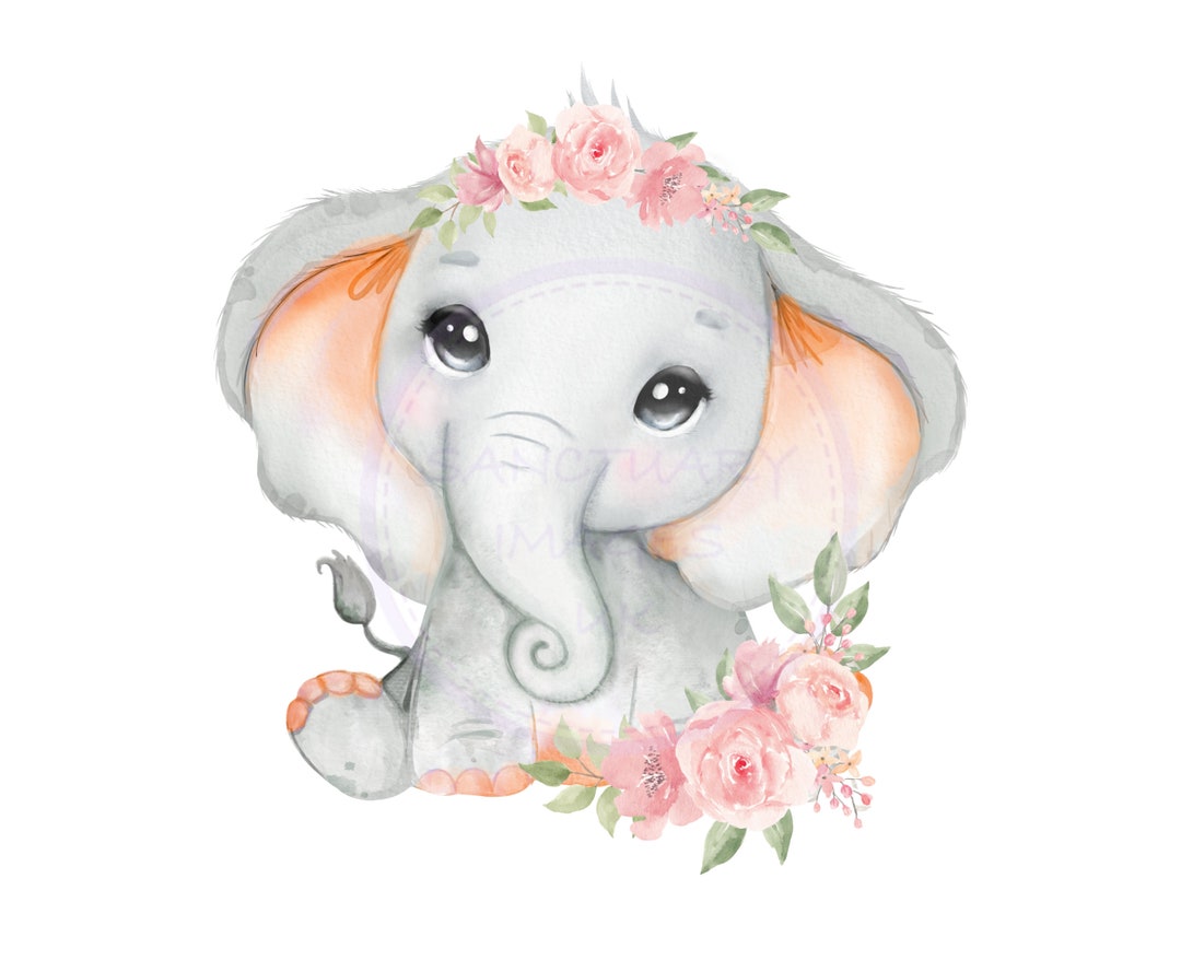Cute Elephant PNG, Elephant and Flowers Sublimation Design, Peach Eared ...
