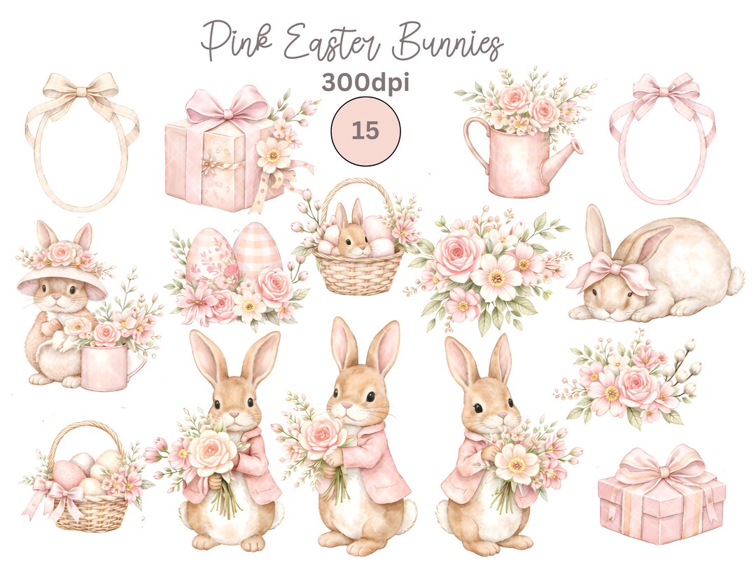 15 Baby Pink Easter Bunny Illustrations • Spring Clipart PNG • Seasonal ...