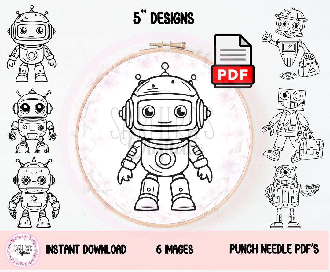 Robots- Punch Needle PDF Pattern for Beginners - 5 Inches, 6 Designs ...