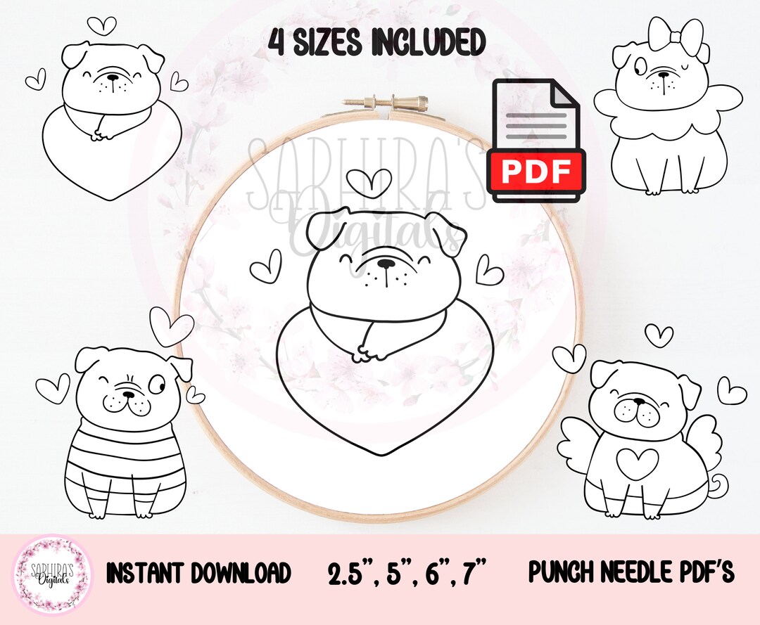 Pugs Punch Needle PDF Pattern for Beginners in 4 Sizes, Instant ...