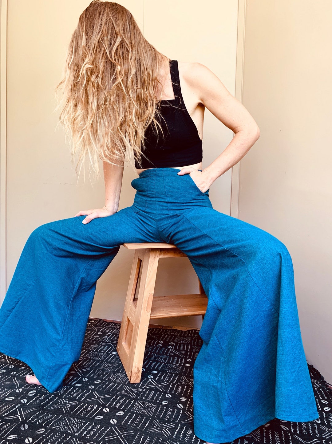 70's Blue Light Weight Blue Cotton Wide Leg Bells High Rise Waist ...