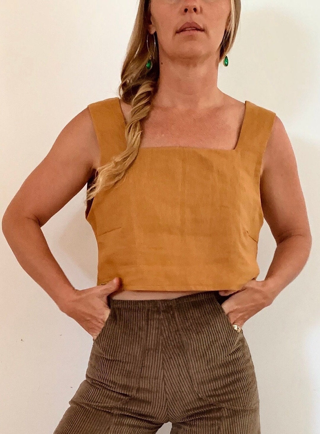 Thick Mustard Linen Box Crop Top Square Neckline Loose Fit - Etsy