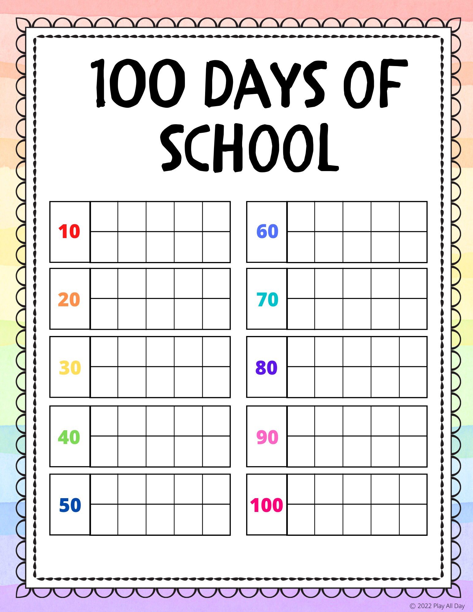 Rainbow 100 Days of School Chart: Ten Frame Poster (digital Download ...