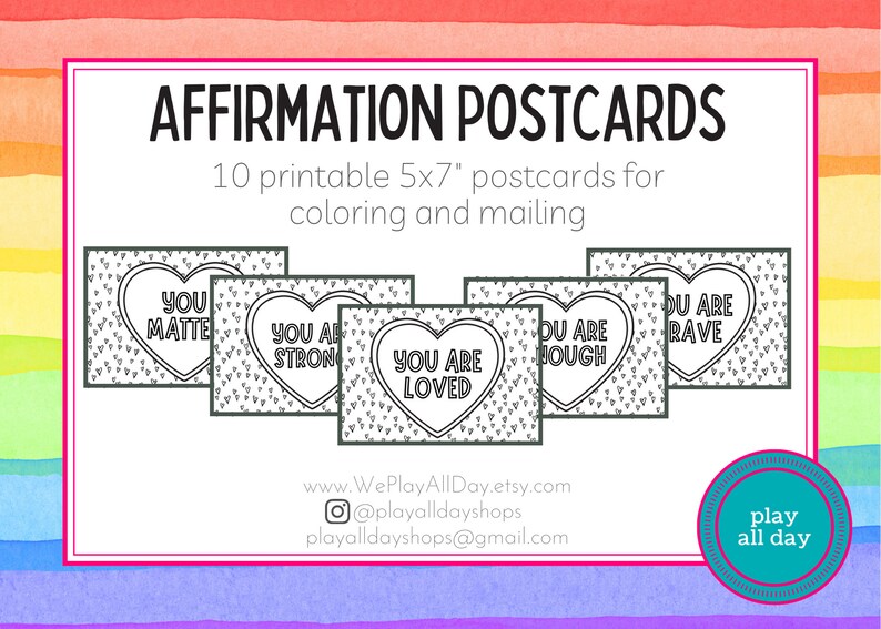 DIGITAL DOWNLOAD: Printable Affirmation Postcards to Color / Coloring ...