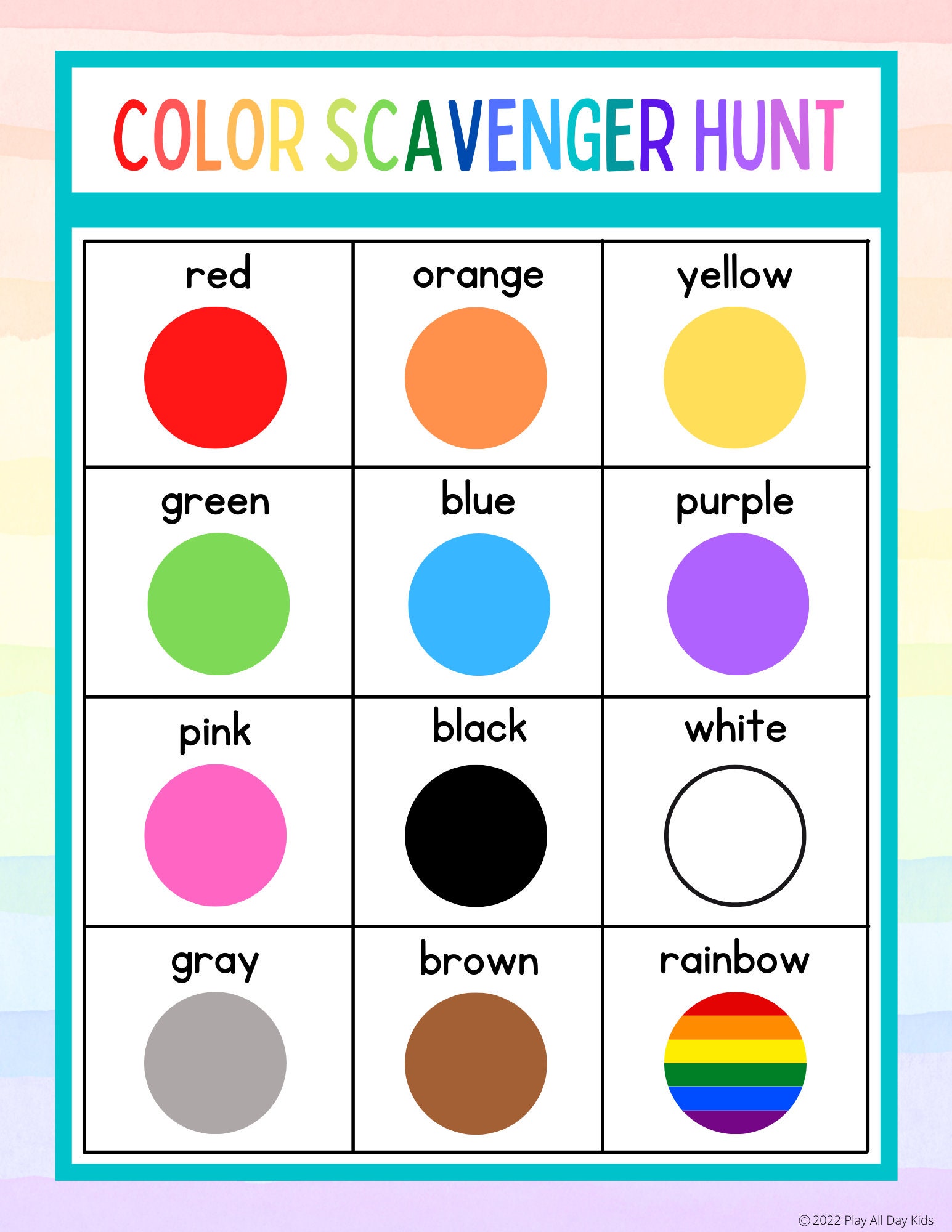 Rainbow Color Scavenger Hunt: Printable Kids Activity (digital Download ...