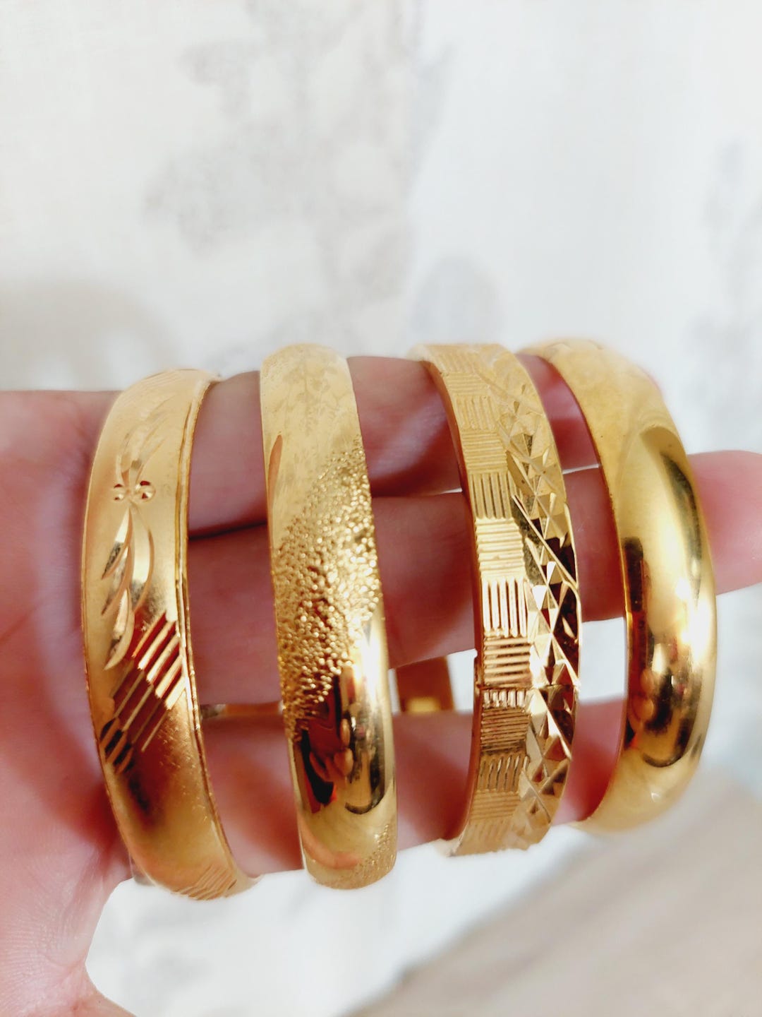 14K Gold Filled 8mm Wide Hinged Bangle Bracelets Etched Stackable Gold ...
