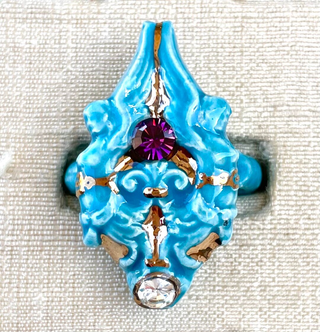 Size 5 Sky Blue Seraphim Ceramic Ring With 22kt Gold Accents and Purple ...