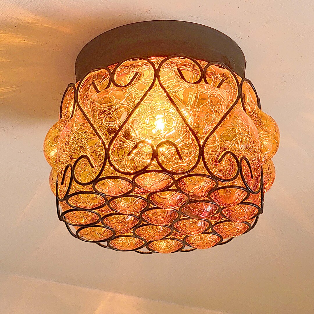 484c Vintage 60s 70s Mcm Ceiling Light Fixture Glass Spanish Revival ...