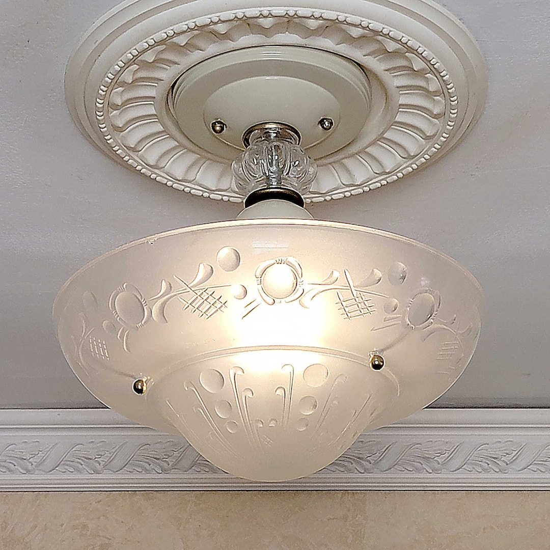 241c Antique/vtg 1940's -50's Ceiling Light Fixture Glass Shade ...