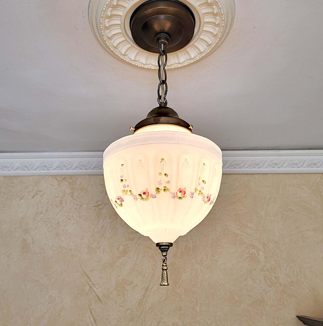 666c Antique 1910's 20's Victorian CEILING LIGHT Lamp Fixture Glass ...