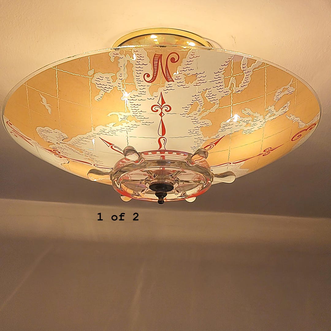 622c Vintage 50s 60s Nautical 15 Ceiling Light Glass Shade Lamp Fixture ...