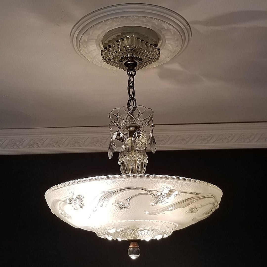929 Antique/vtg 1930 - 40's Art Deco Glass Shade Ceiling Light Lamp ...