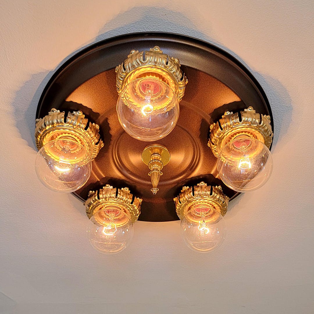 570c Antique 1910's - 20's Cast Iron Ceiling Light Fixture Chandelier ...