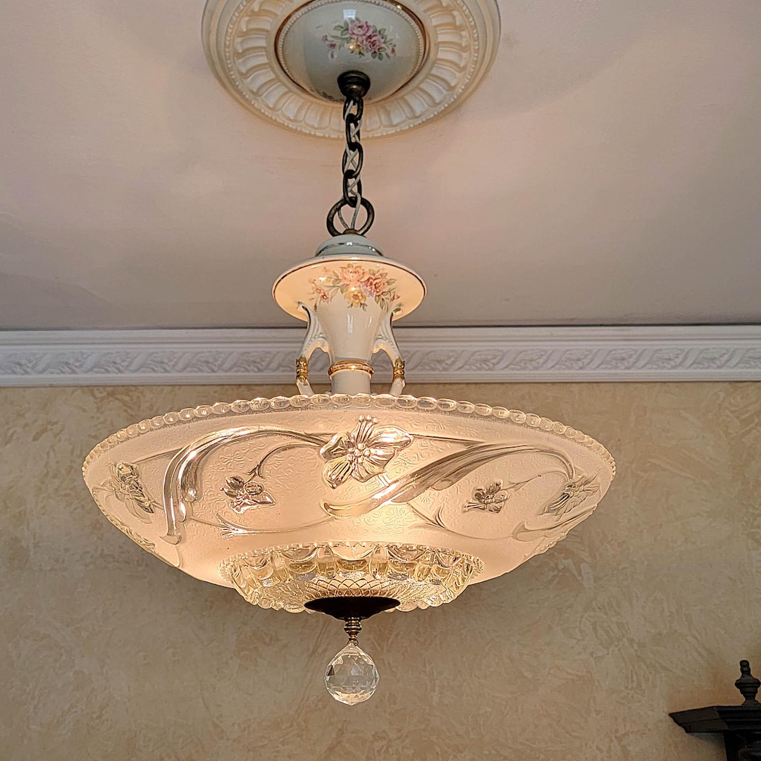 692c Antique Vintage 1940's Ceiling Light Lamp Fixture Glass Shade ...