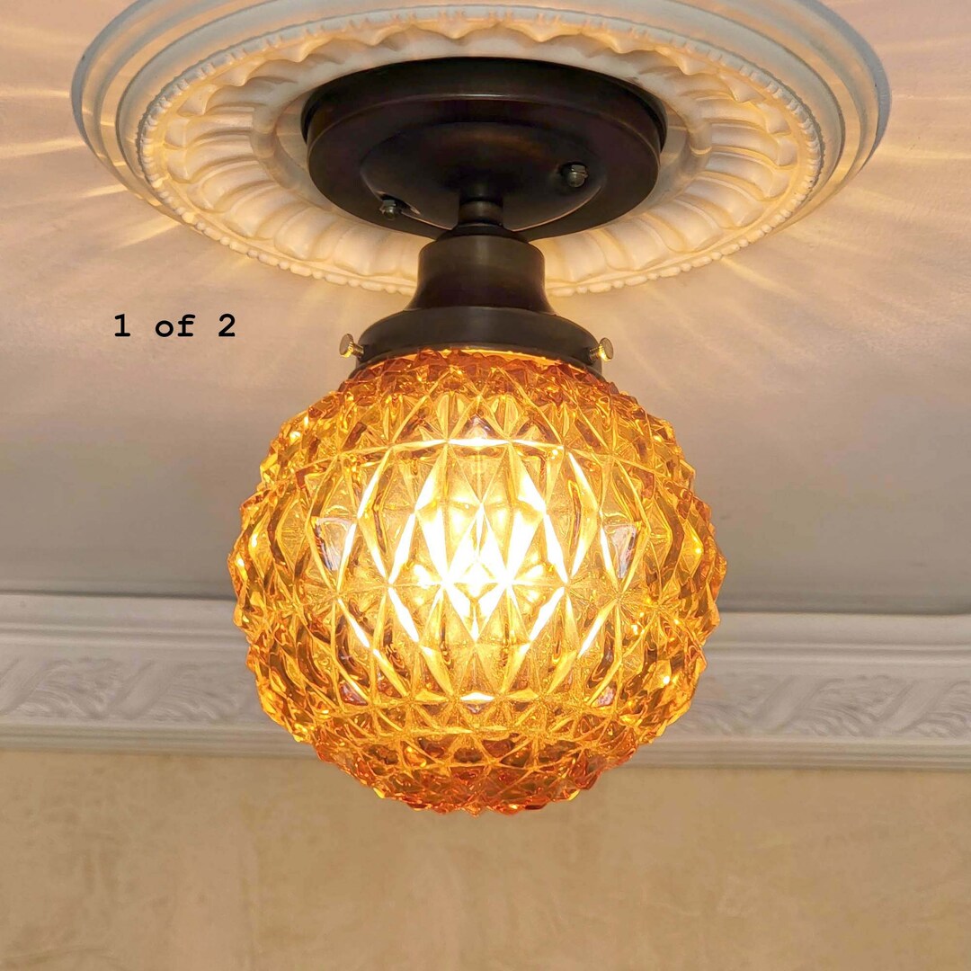 264c Vintage Antique 40's 50's Ceiling Light Glass Shade Lamp Brass ...
