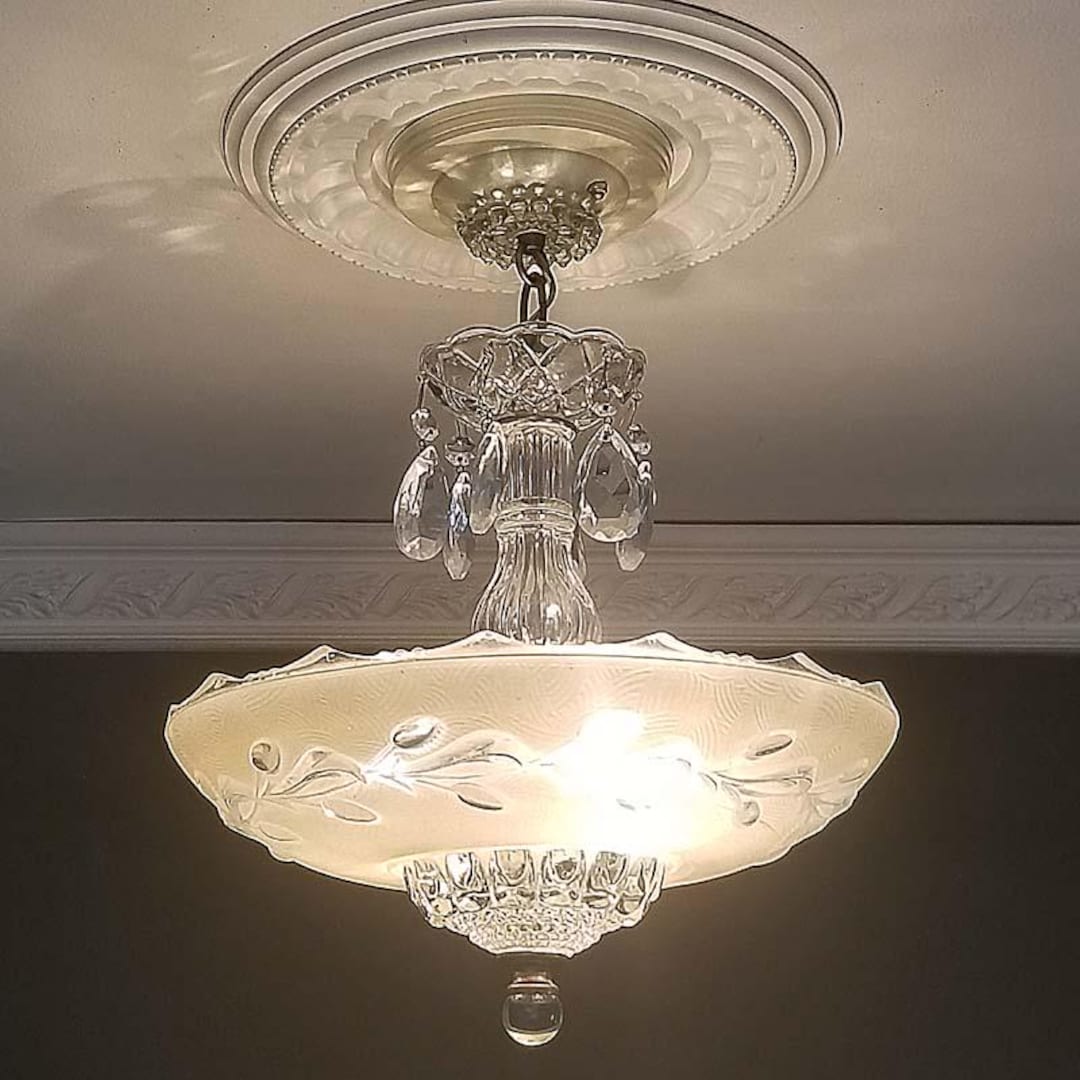 223a Antique Vintage 1930-40's CEILING LIGHT Glass Shade Chandelier ...