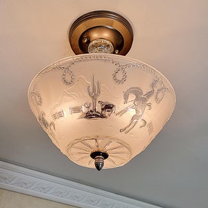 222c Vintage Ceiling Light Fixture Glass Shade Lamp Chandelier Western ...