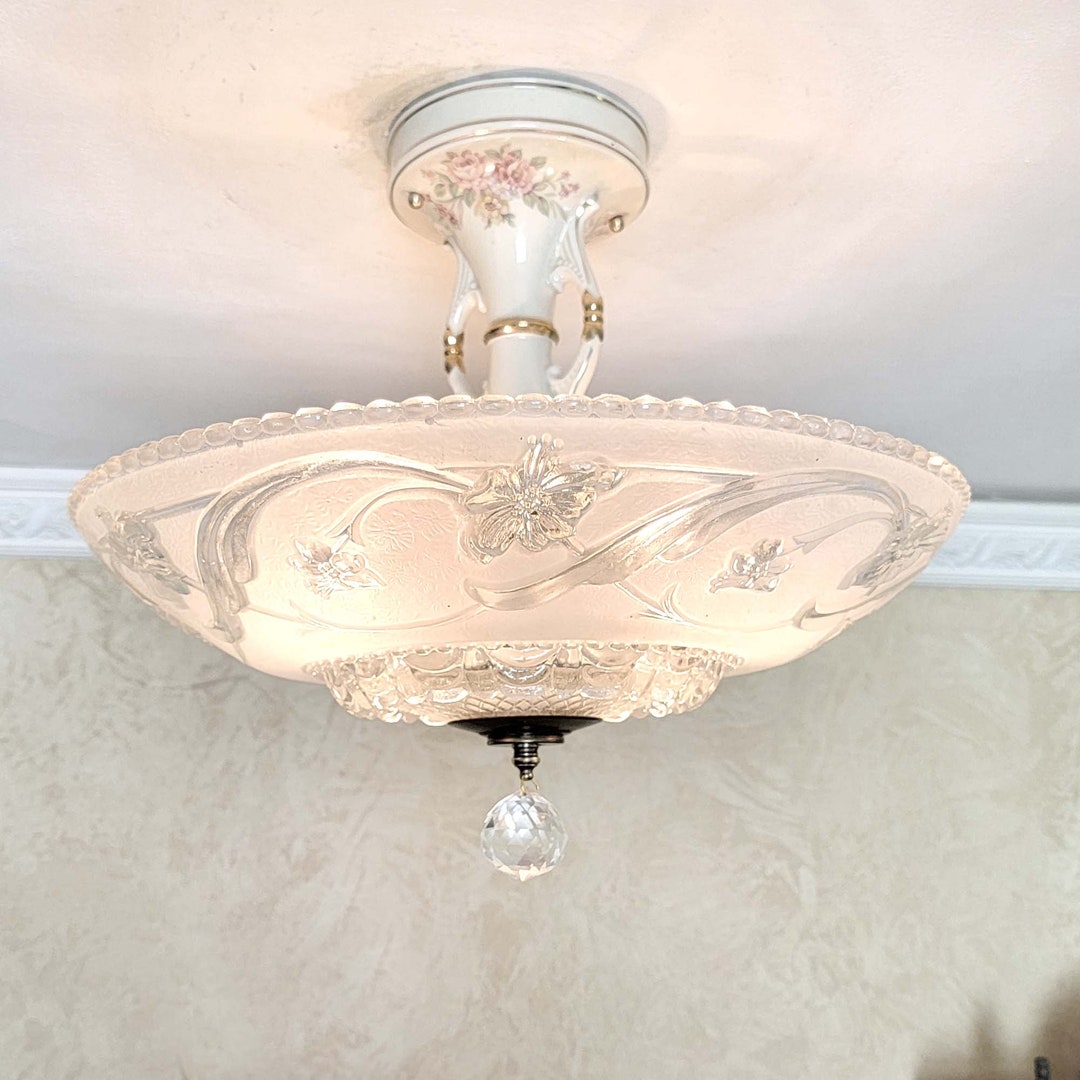 402c Antique/vtg 1940's Ceiling Lamp Fixture Glass Shade Chandelier ...