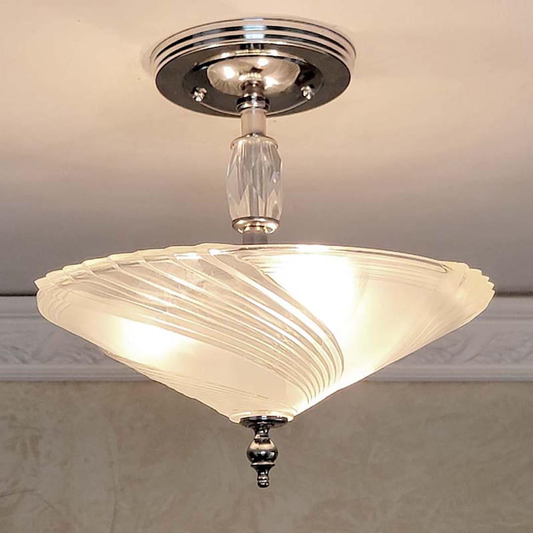 946b Antique/vtg 1940's Ceiling Light Fixture Lamp Art Deco Glass Shade ...