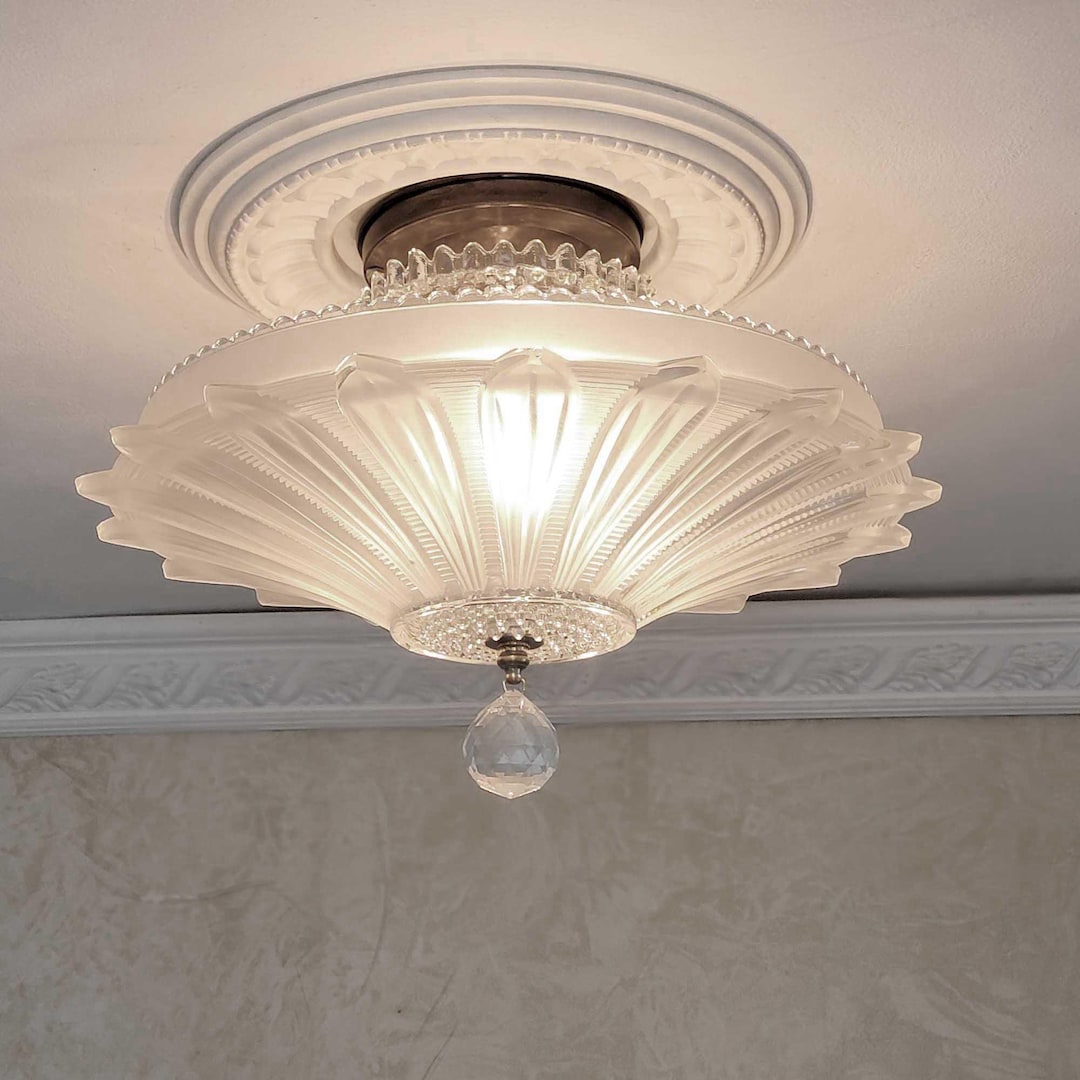 600c Antique Vintage 1930s 40s Ceiling Light Glass Shade Lamp Fixture ...