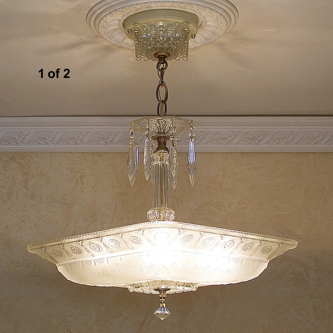 130b Antique/vtg 1930's 40's Ceiling Light Lamp Fixture Glass Shade ...
