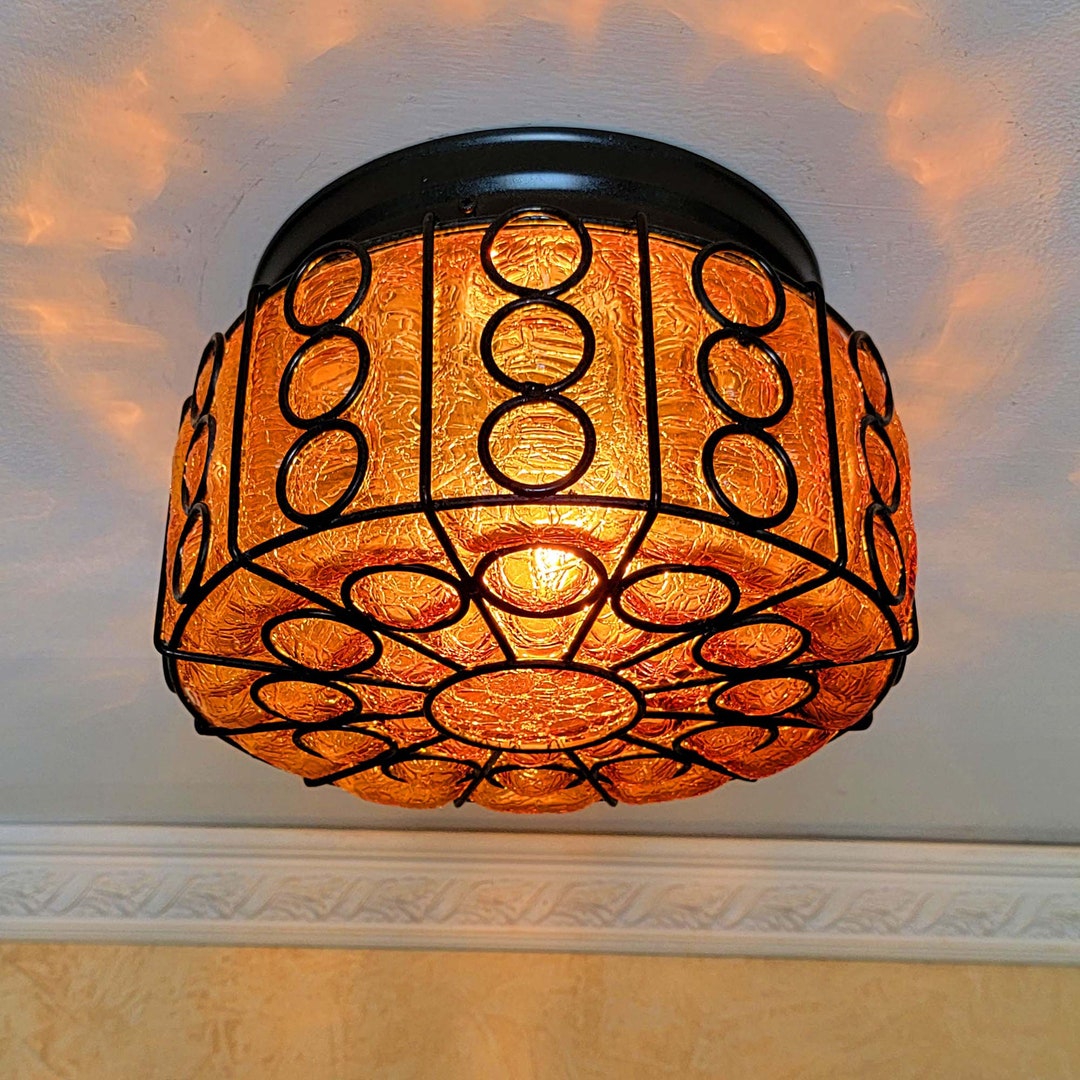 460c Vintage 60s 70s Mcm Ceiling Light Fixture Glass Spanish Revival ...