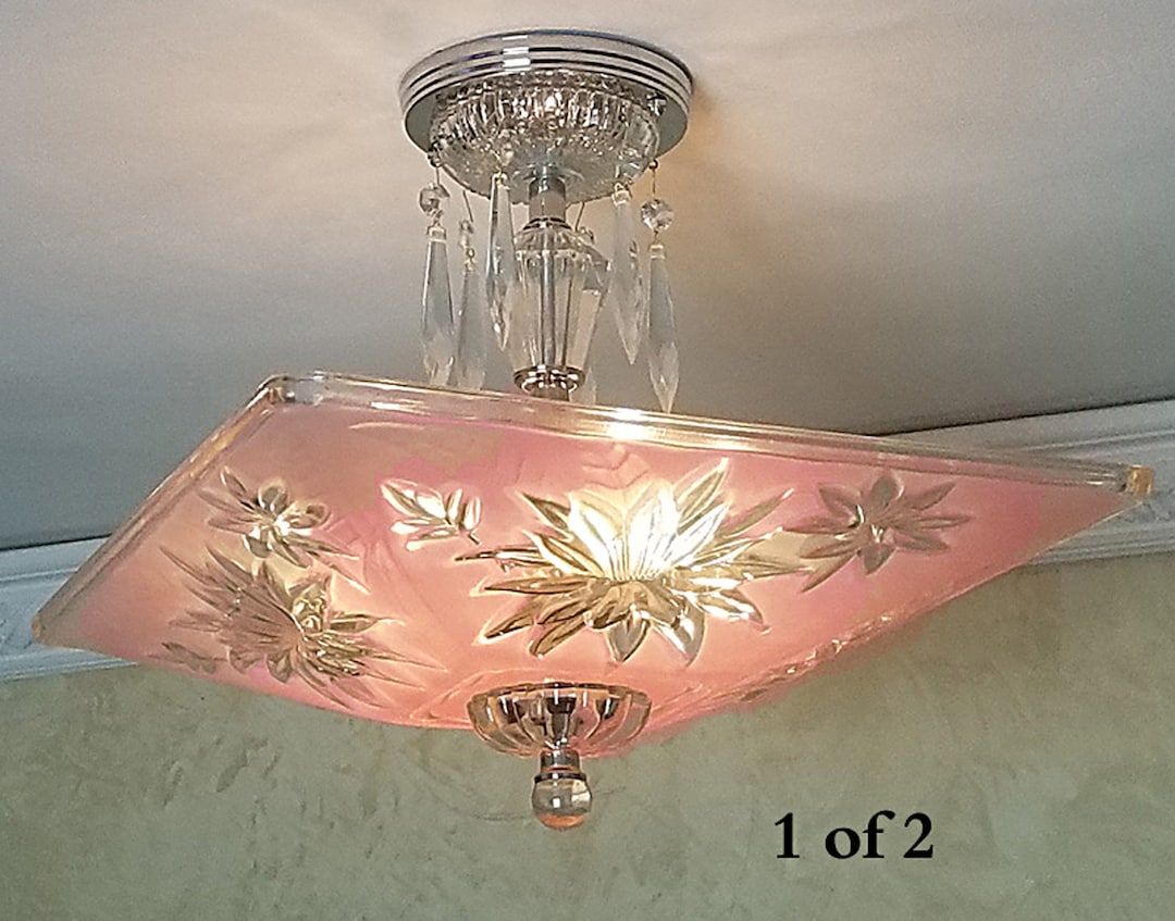 372b Vintage 1940's 50's Ceiling Light Fixture Chandelier Lamp Pink ...