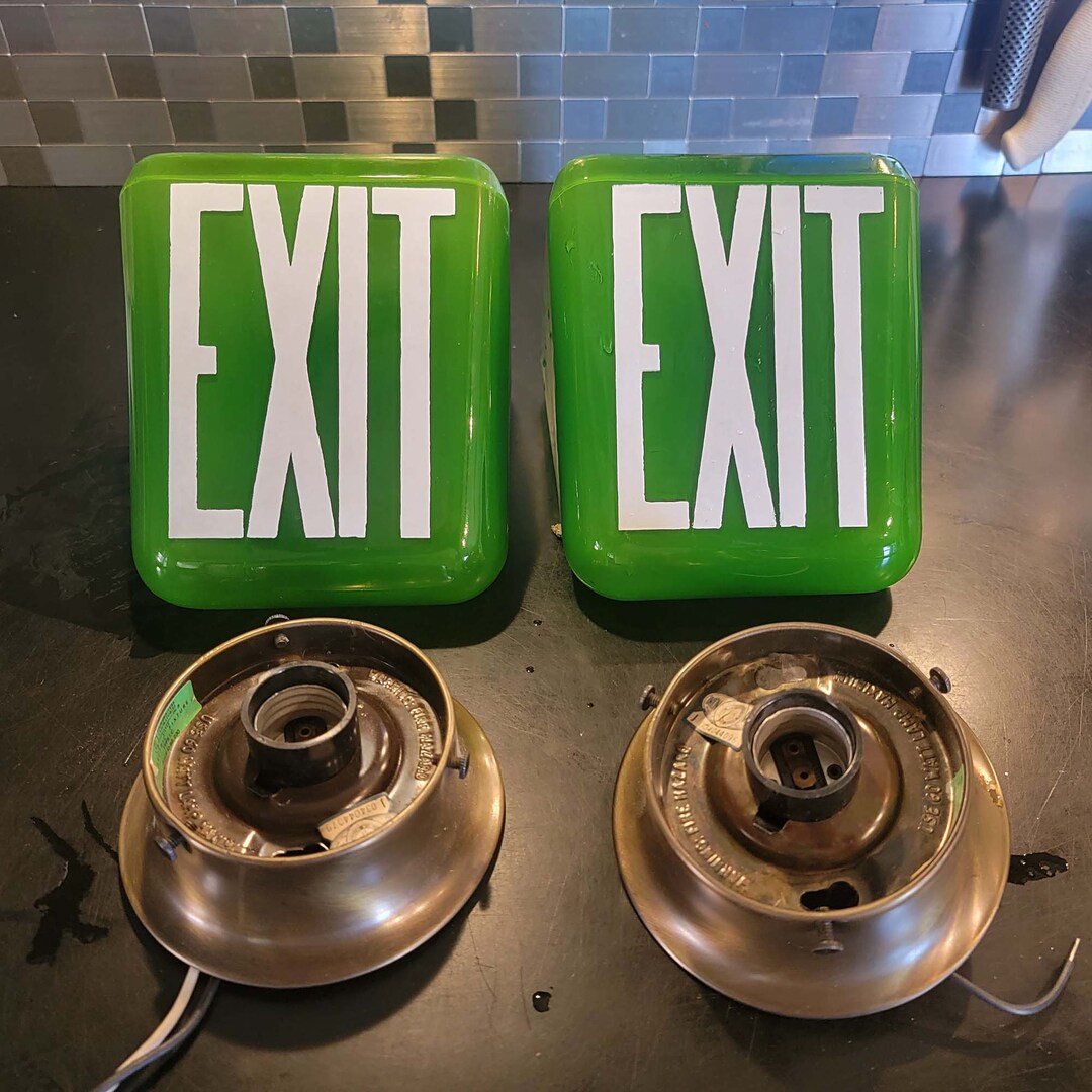 444c Antique Pair 2 Exit Sign Green Art Deco Ceiling Light Glass Shade ...