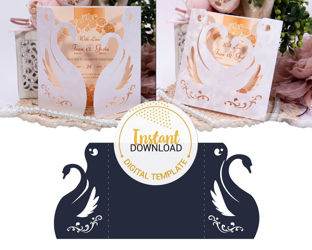 Gate-fold Love Swans Wedding Invitation (svg, Dxf, Ai, Eps, Png ...