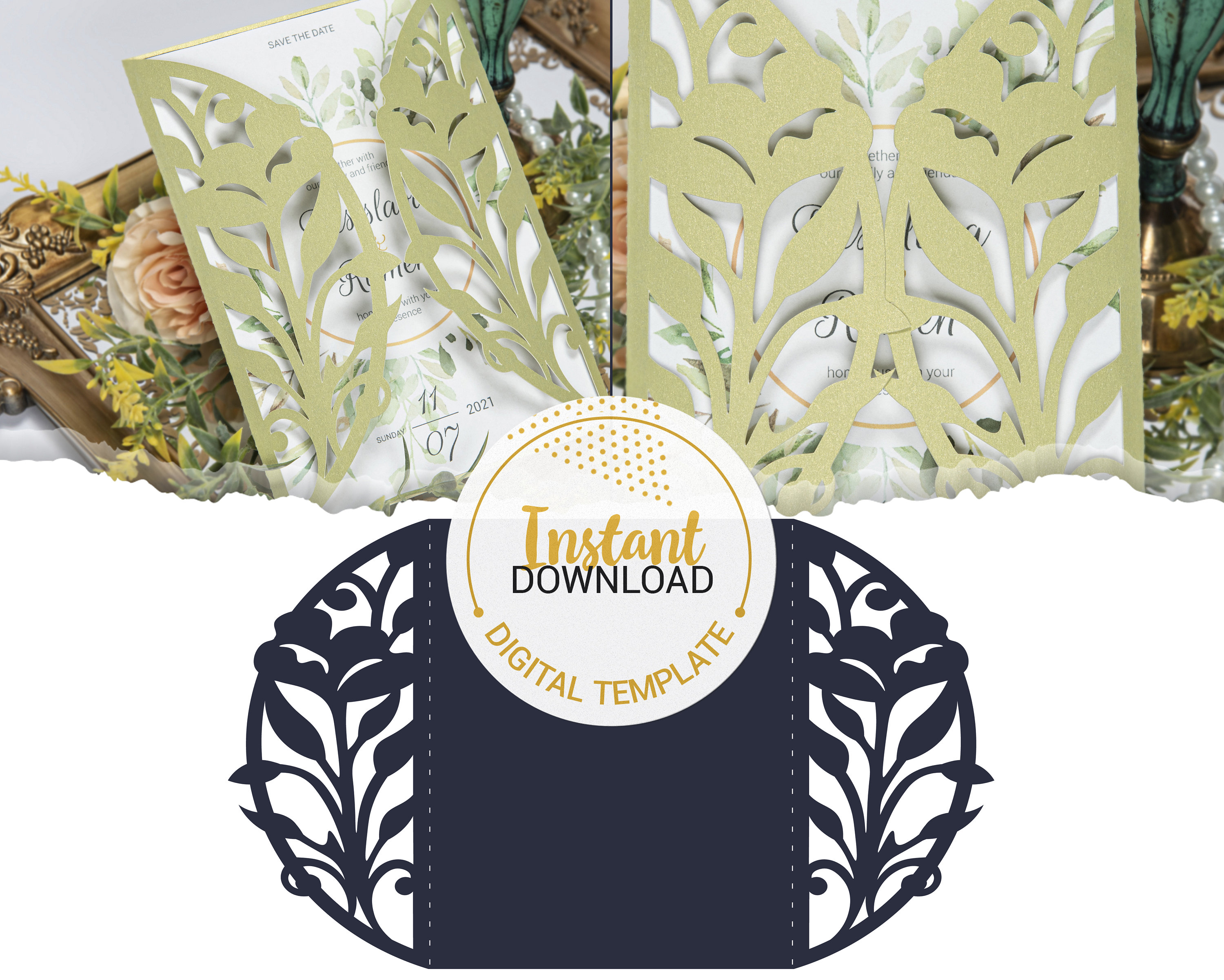 5x7 Floral Gatefold Wedding Invitation Laser Cut Template - Etsy