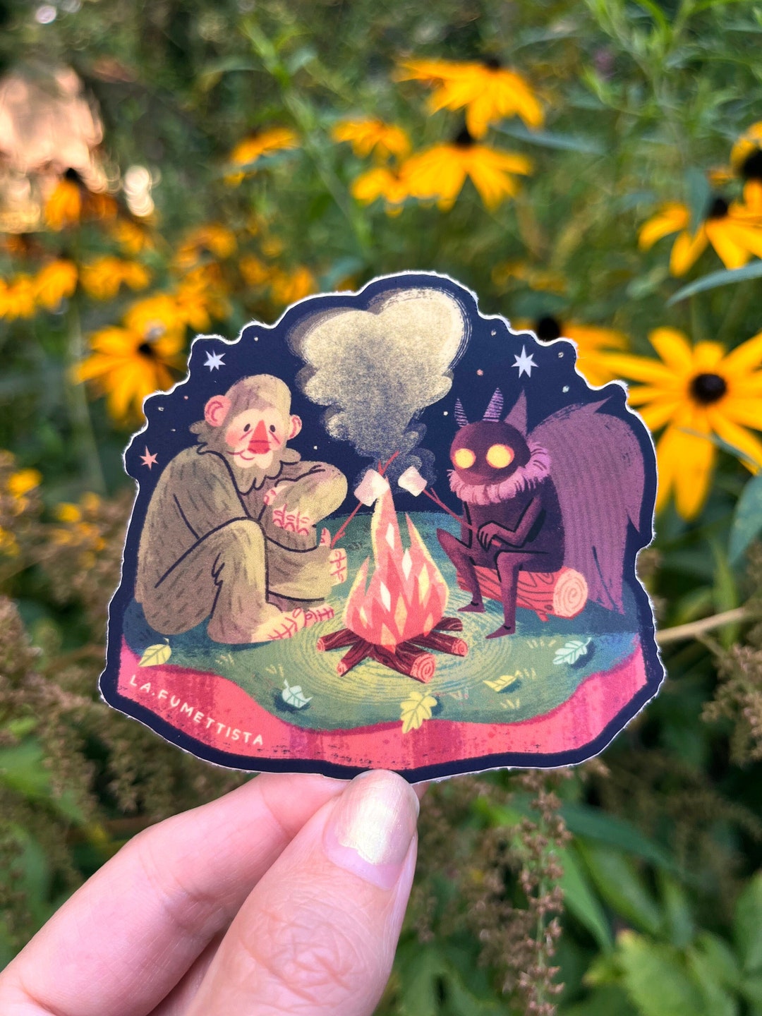 Cryptid Campfire Matte Sticker Cute Bigfoot Mothman Campfire Woods ...